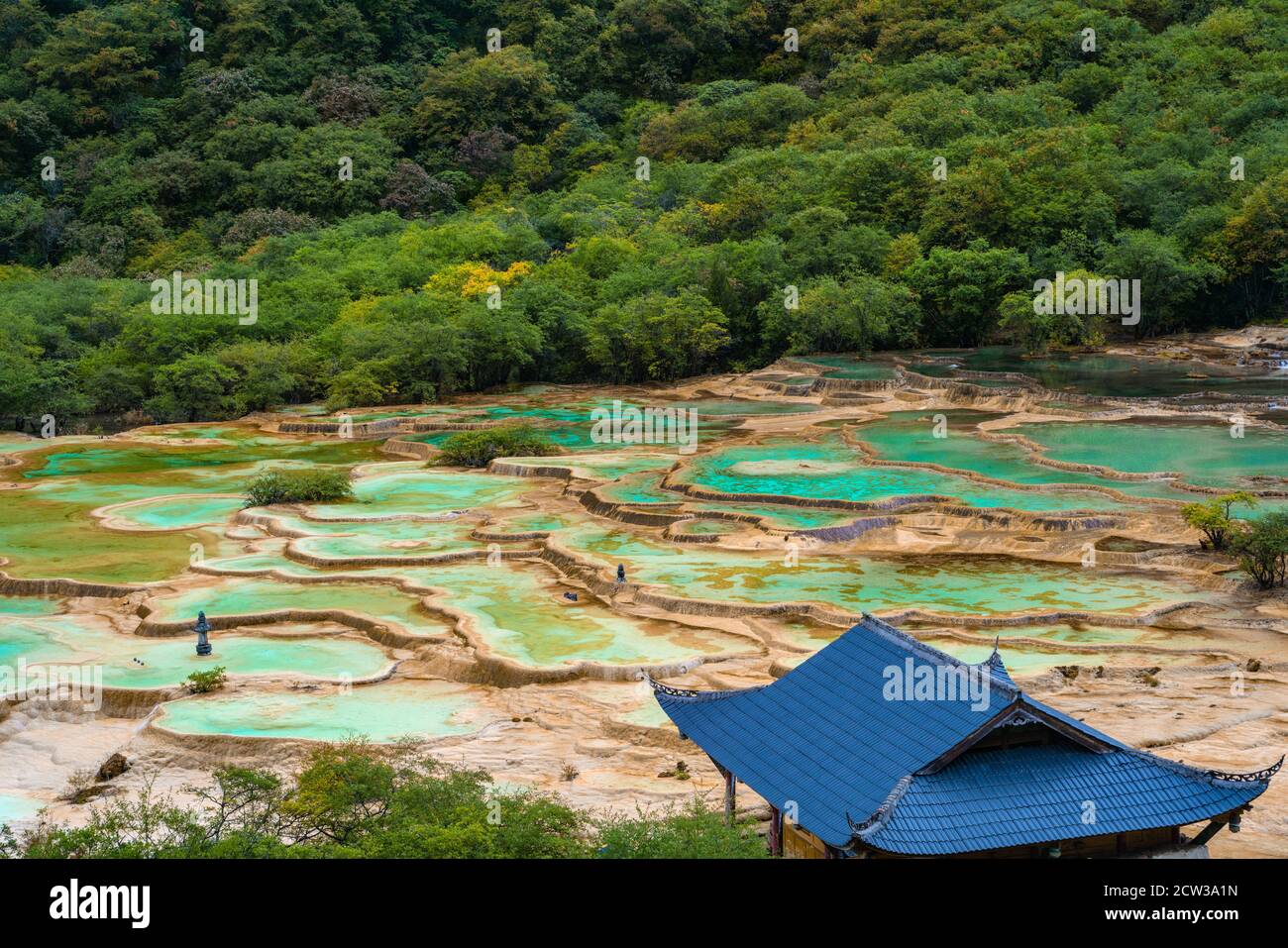 The turquoise color pools in Huanglong Valley, in Sichuan province ...