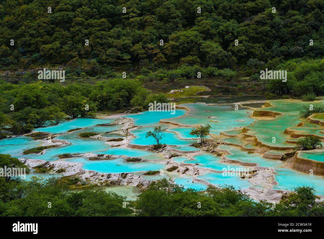 The turquoise color pools in Huanglong Valley, in Sichuan province ...