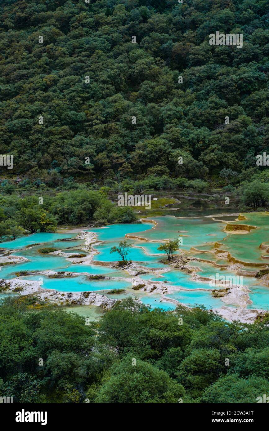 The turquoise color pools in Huanglong Valley, in Sichuan province ...