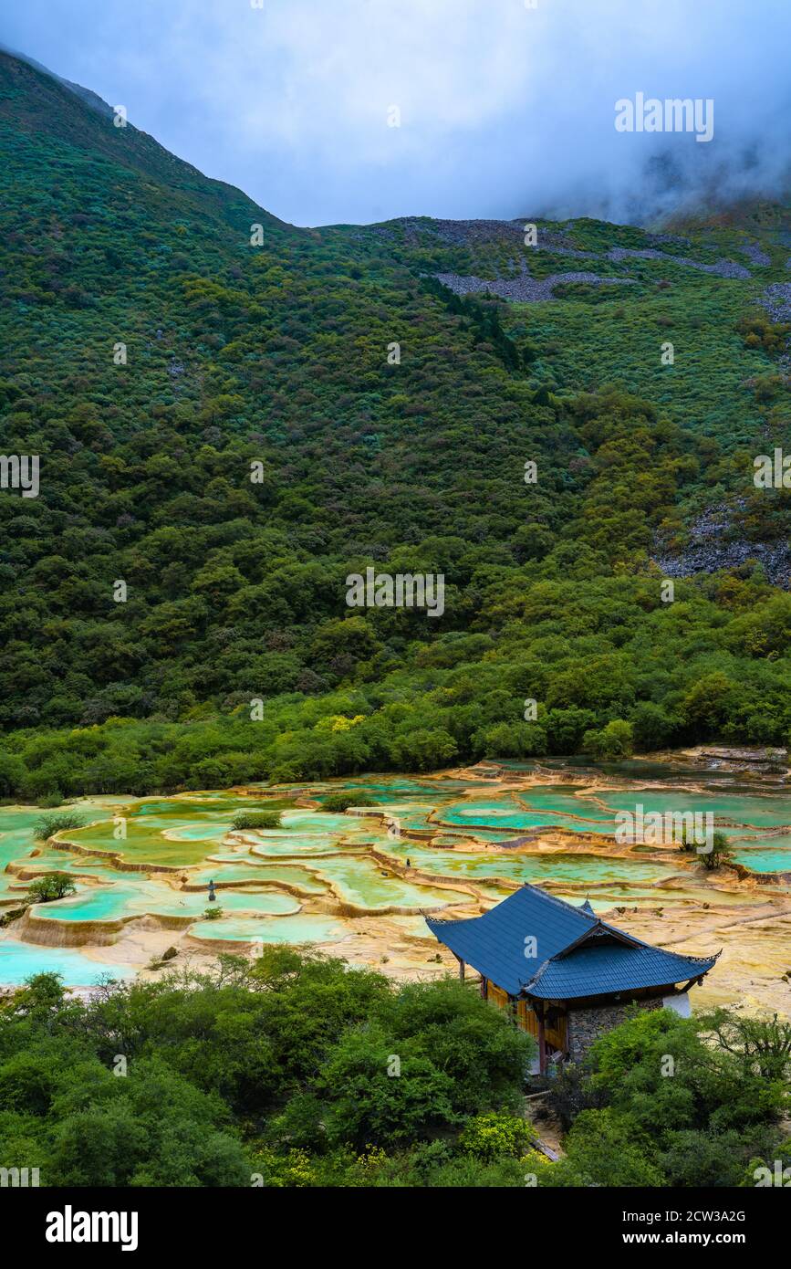 The turquoise color pools in Huanglong Valley, in Sichuan province ...
