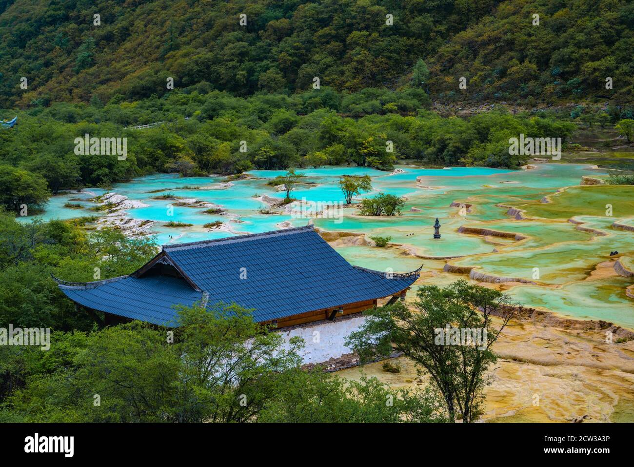 The turquoise color pools in Huanglong Valley, in Sichuan province ...