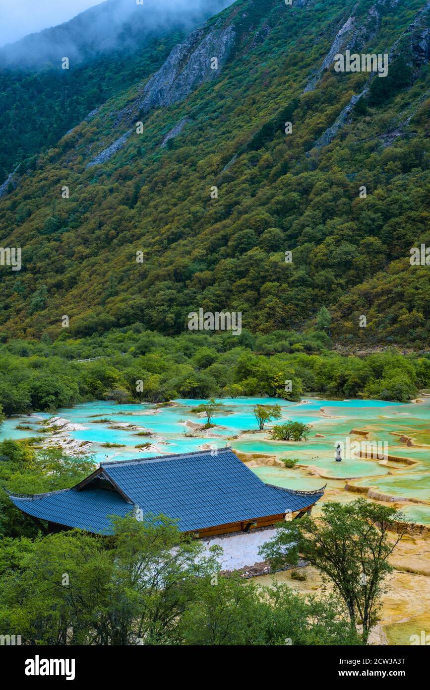 The turquoise color pools in Huanglong Valley, in Sichuan province ...