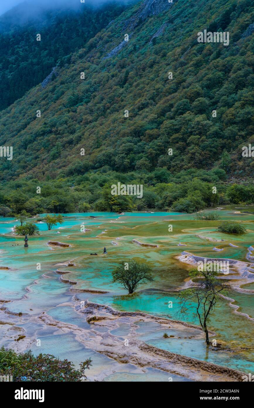 The turquoise color pools in Huanglong Valley, in Sichuan province ...