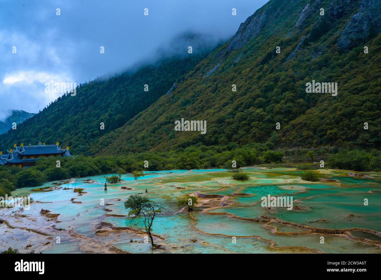 The turquoise color pools in Huanglong Valley, in Sichuan province ...