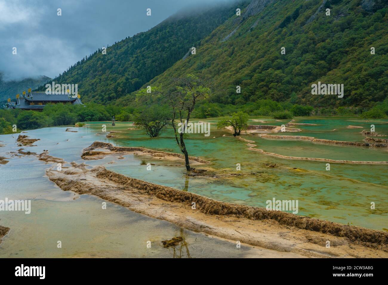 The turquoise color pools in Huanglong Valley, in Sichuan province ...