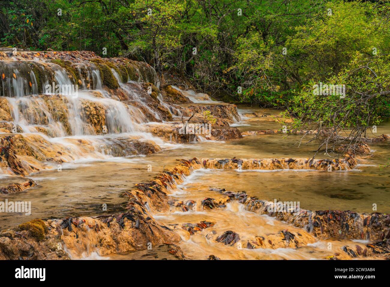 The small waterfalls and colorful pools in Huanglong Valley, Sichuan ...