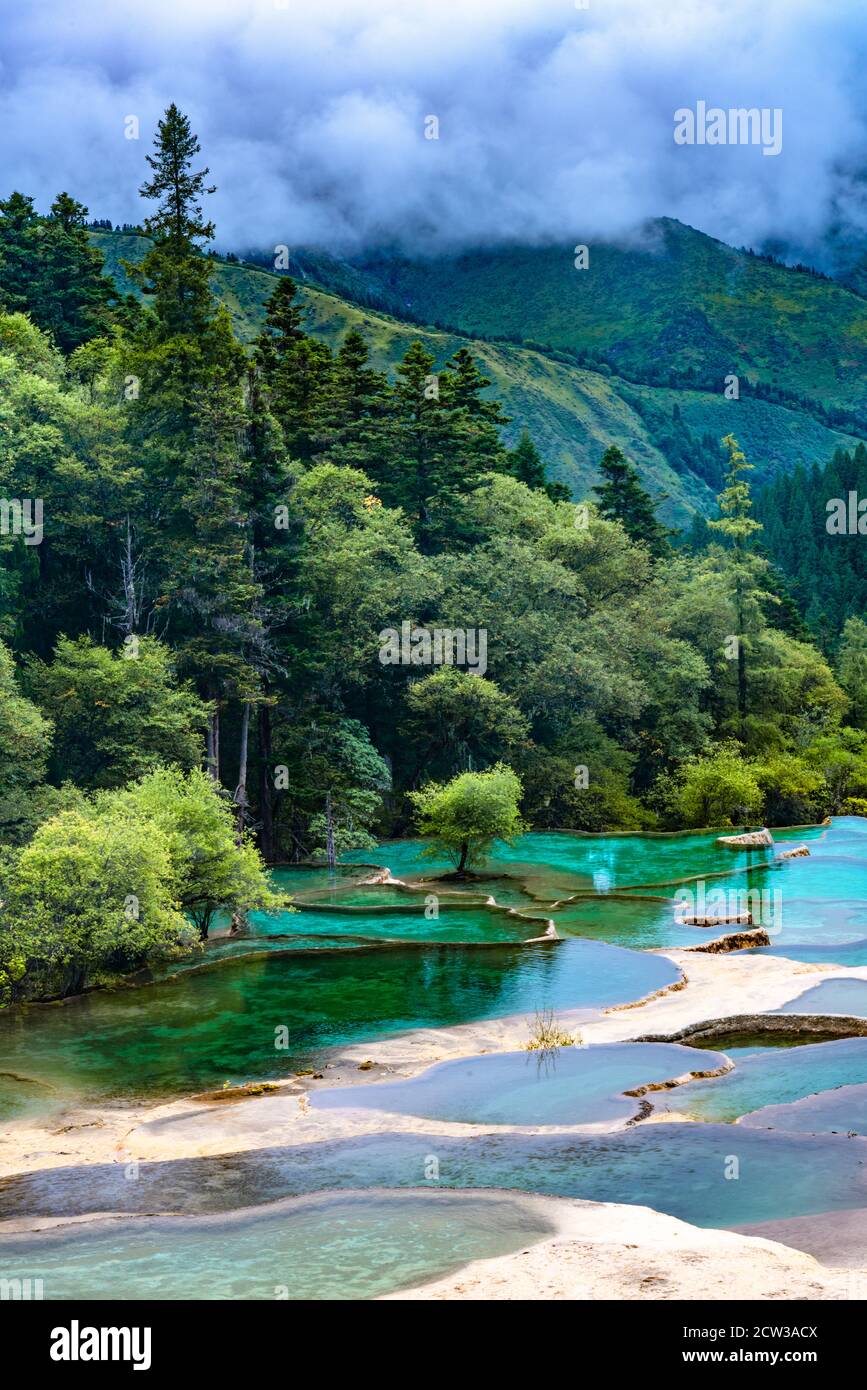 The turquoise color pools in Huanglong Valley, in Sichuan province ...