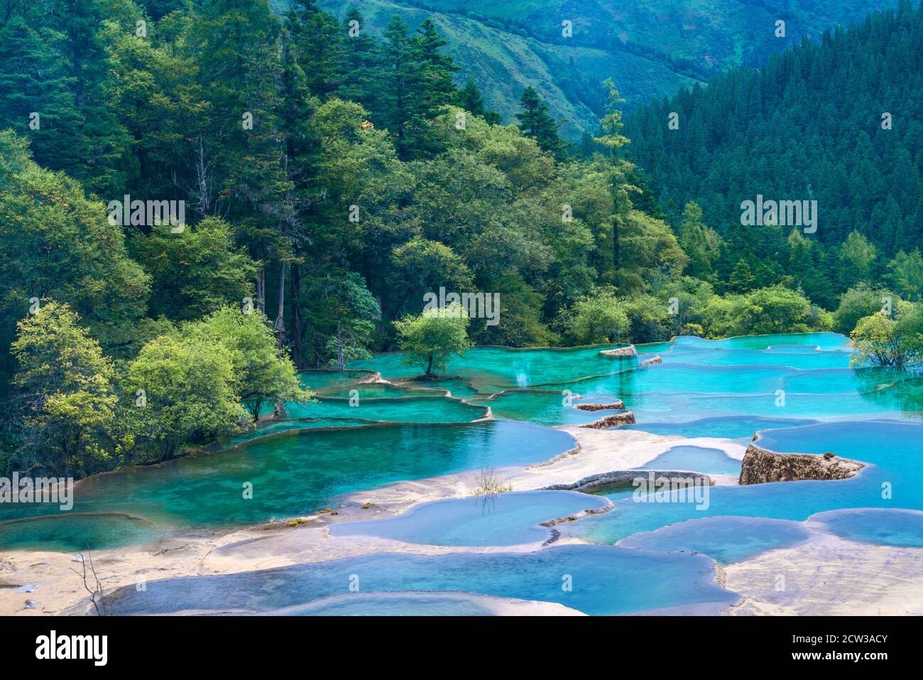 The turquoise color pools in Huanglong Valley, in Sichuan province ...