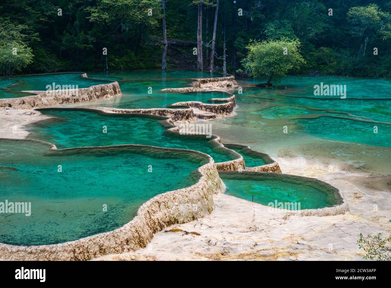 The turquoise color pools in Huanglong Valley, in Sichuan province ...