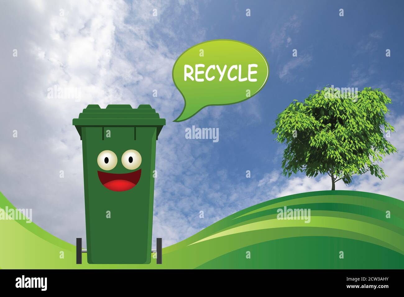 Comical happy smiling recycling bin with recycle message set against a ...