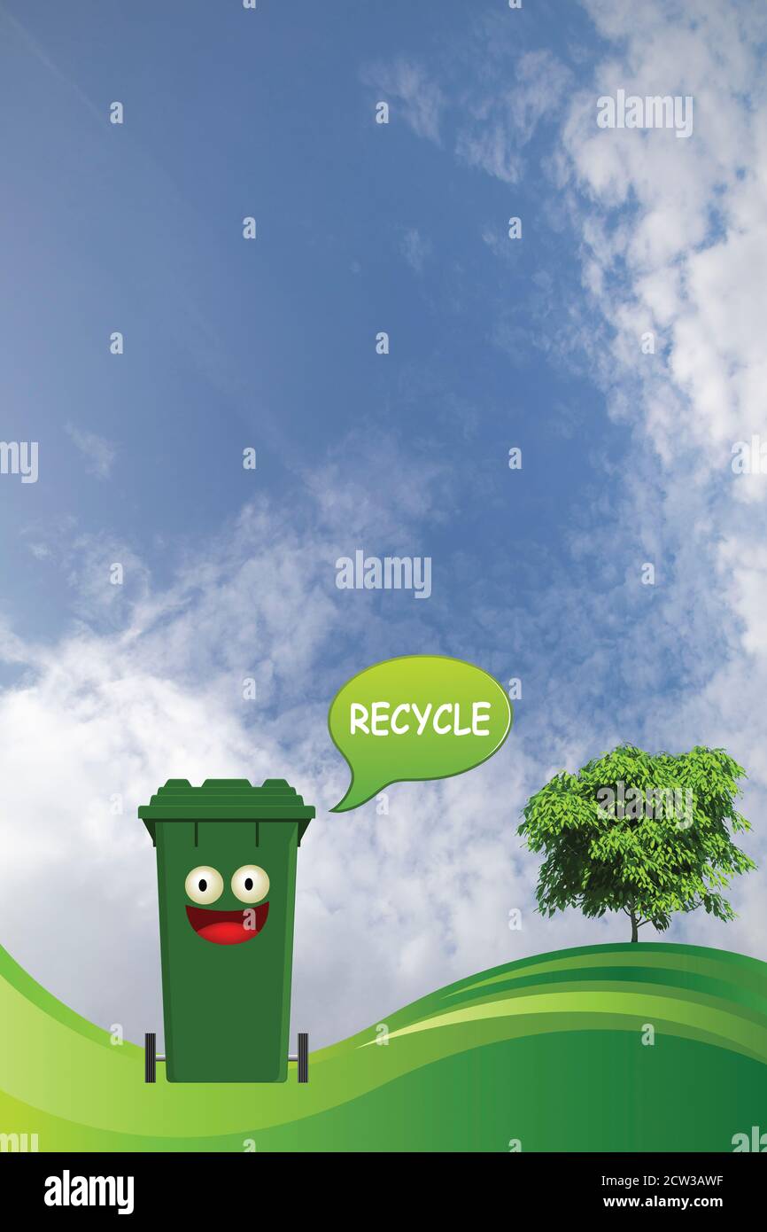 Comical happy smiling recycling bin with recycle message set against a ...