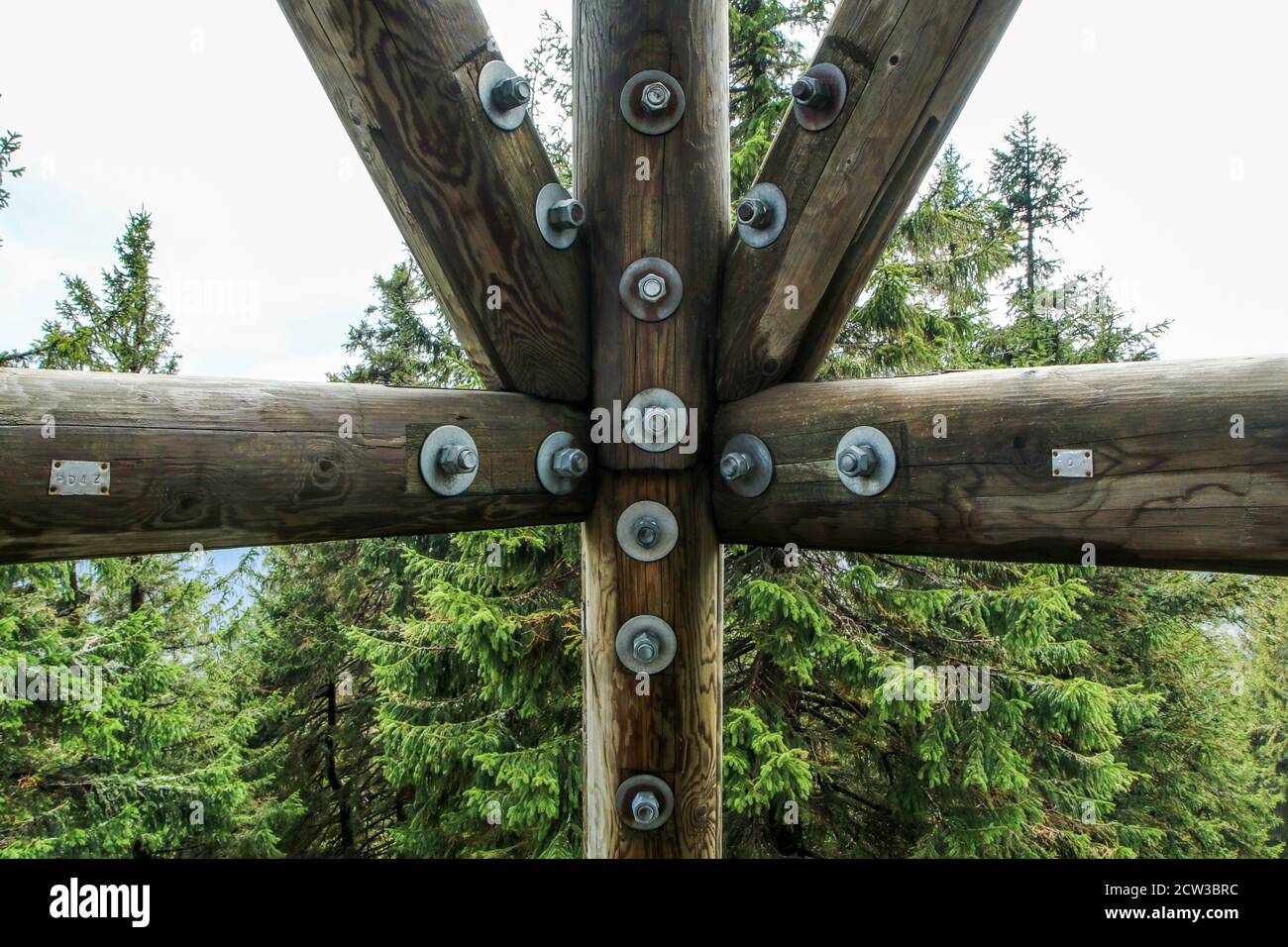 The detail of the joint on the wooden tower with many screws Stock ...
