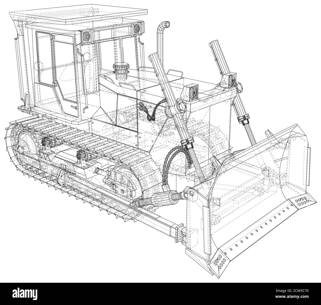 Bulldozer in outline style. Wire-frame line isolated. Vector rendering ...