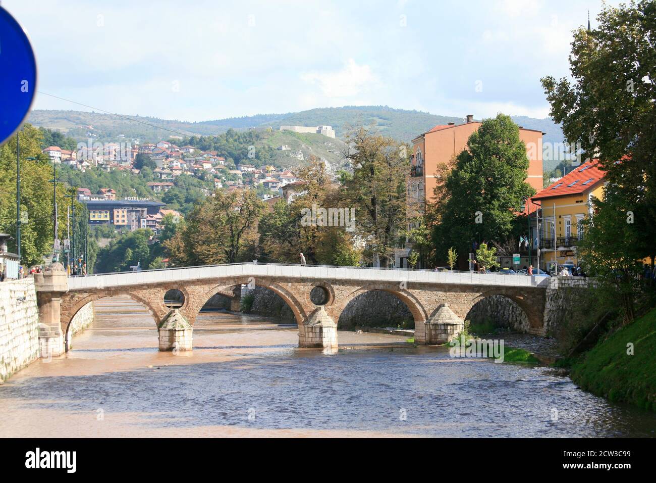 Latin Bridge over the river Miljacka in Sarajevo. Place of the ...