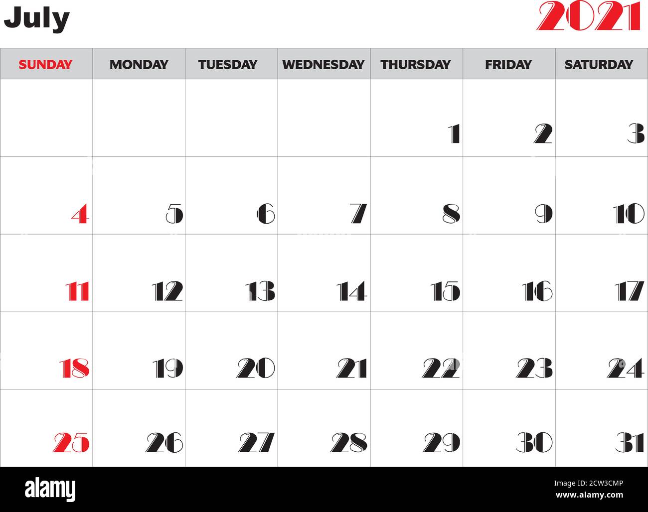 Calendar July 2021 Stock Vector Image & Art - Alamy