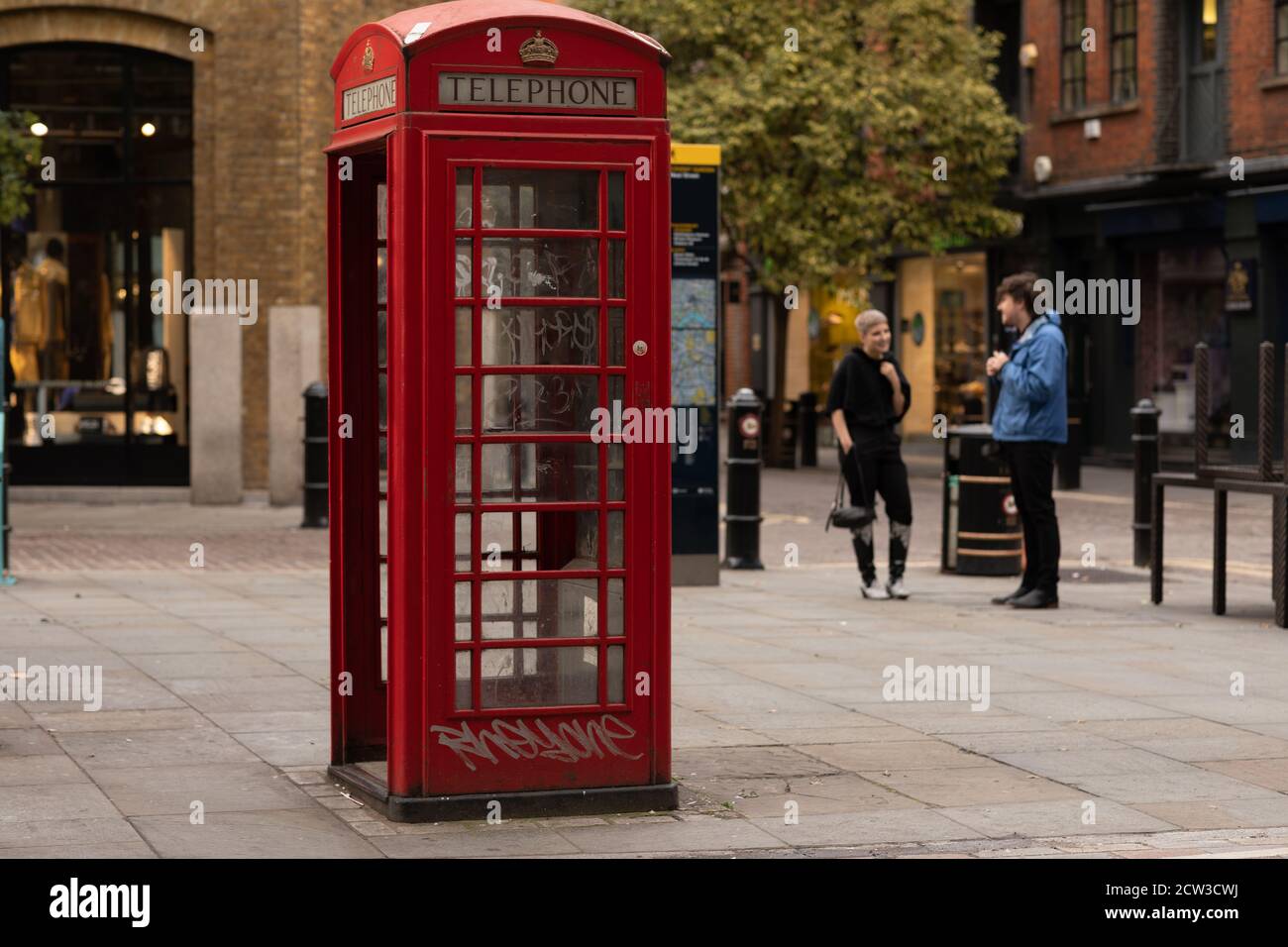 London Covent Garden Telephone Booths Covid Signs and Buses Stock Photo ...