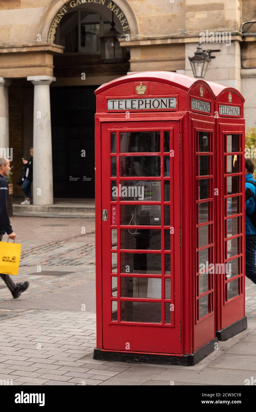 London Covent Garden Telephone Booths Covid Signs and Buses Stock Photo ...