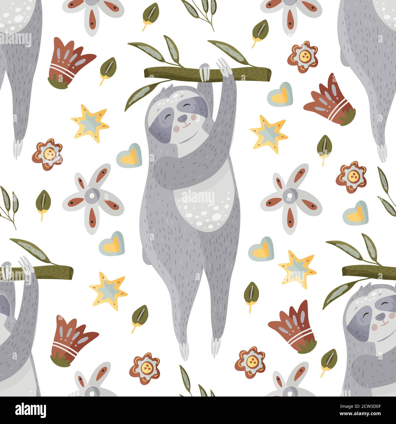Cute sloth holding on to a branch. cartoon vector seamless pattern in a ...