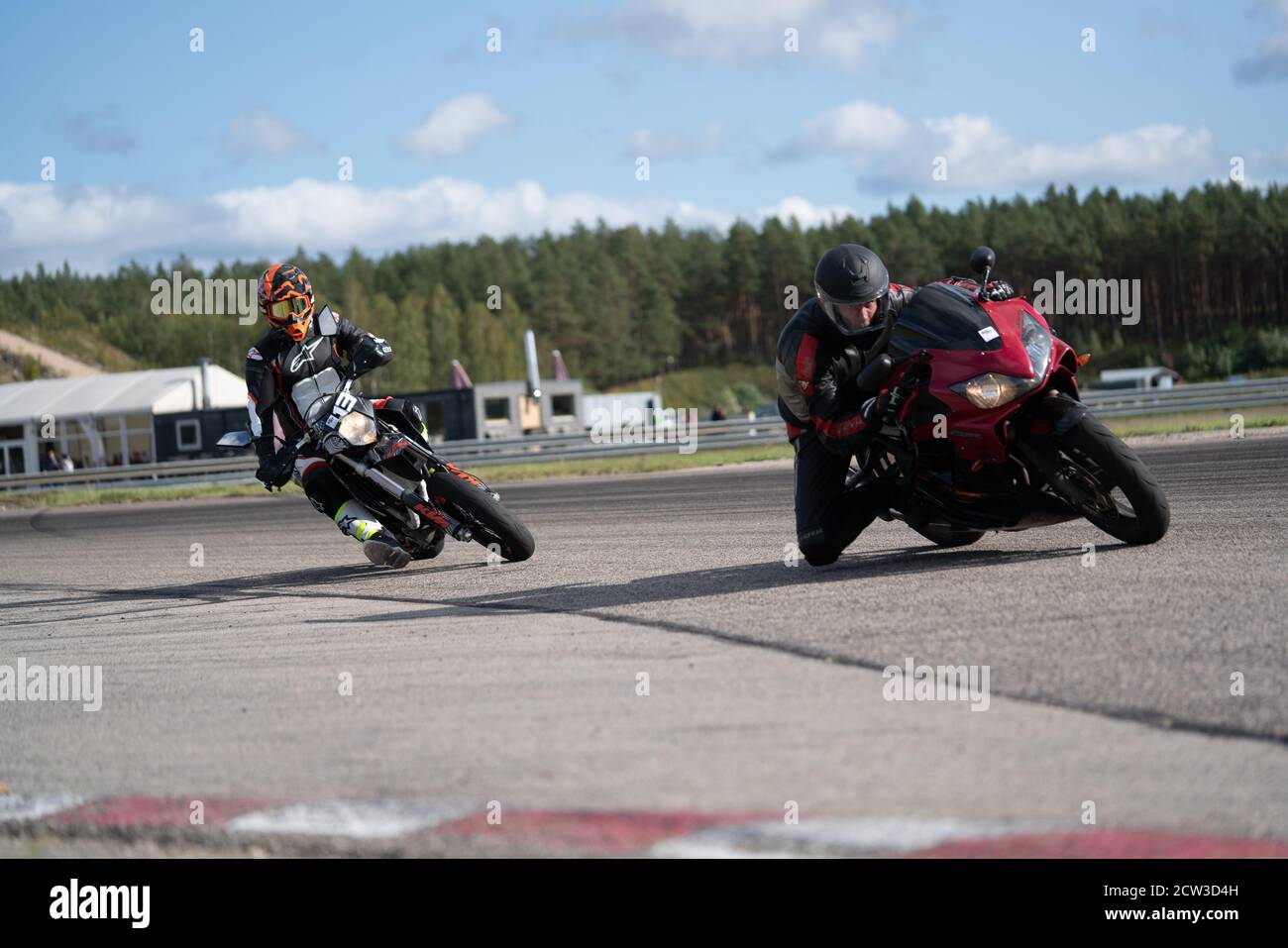 10-06-2020 Riga Latvia Motorcycle practice leaning into a fast corner ...