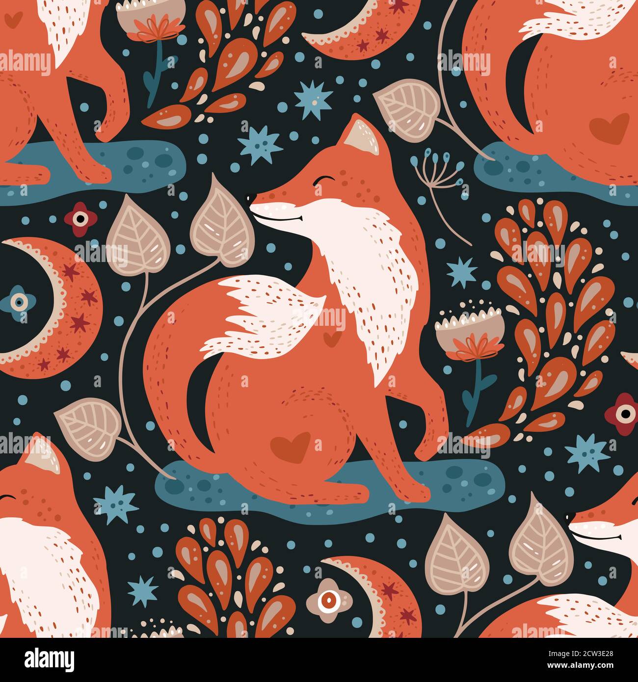 Nordic scandinavian fox seamless vector pattern. Hand drawn cute ...