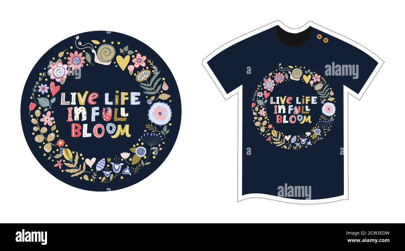 Vector t shirt design template for kids and adults. Cute cartoon detailed flower illustration ...