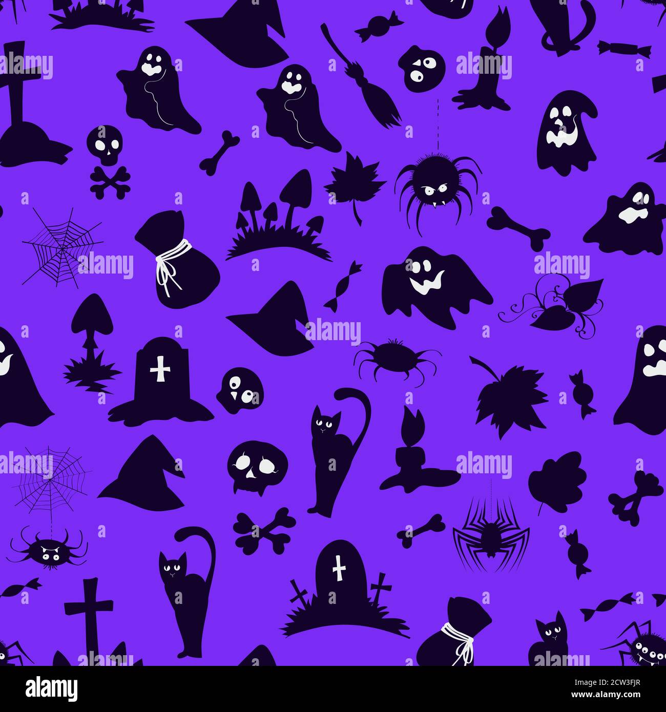 Vector seamless pattern with Halloween objects and creatures, in purple ...