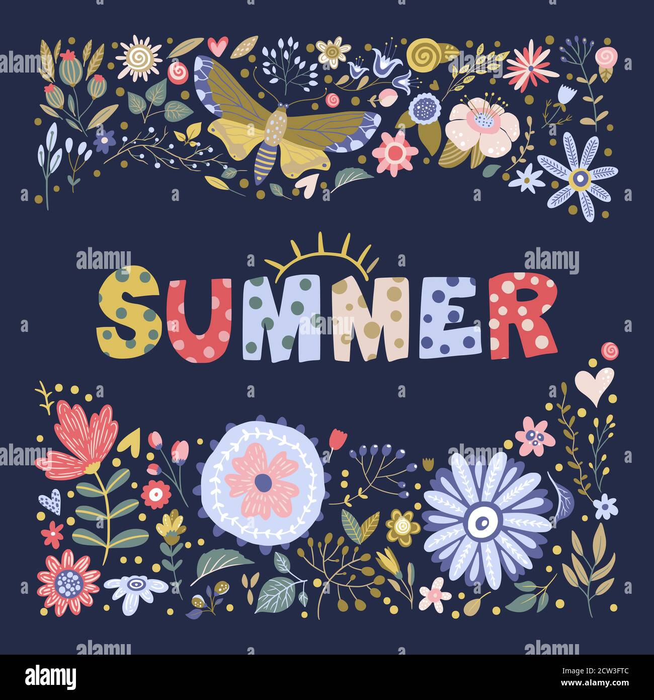 Floral color vector lettering card in a flat style. Ornate flower ...