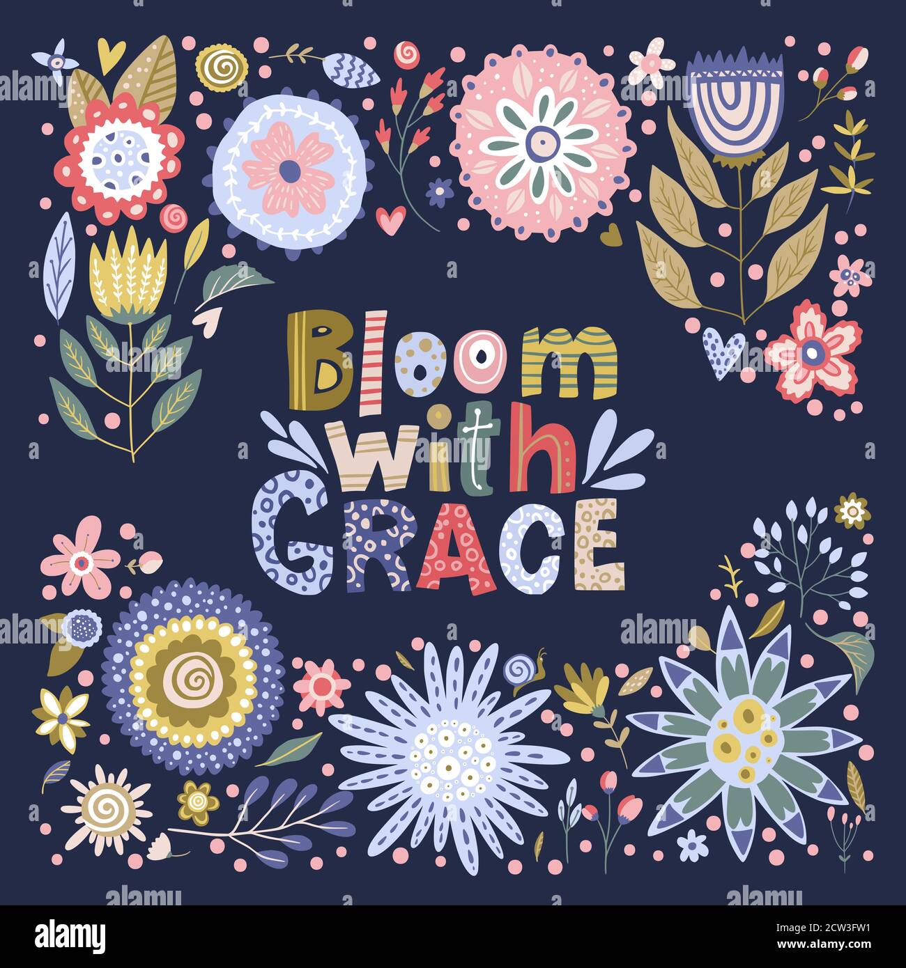 Floral color vector lettering card in a flat style. Ornate flower ...