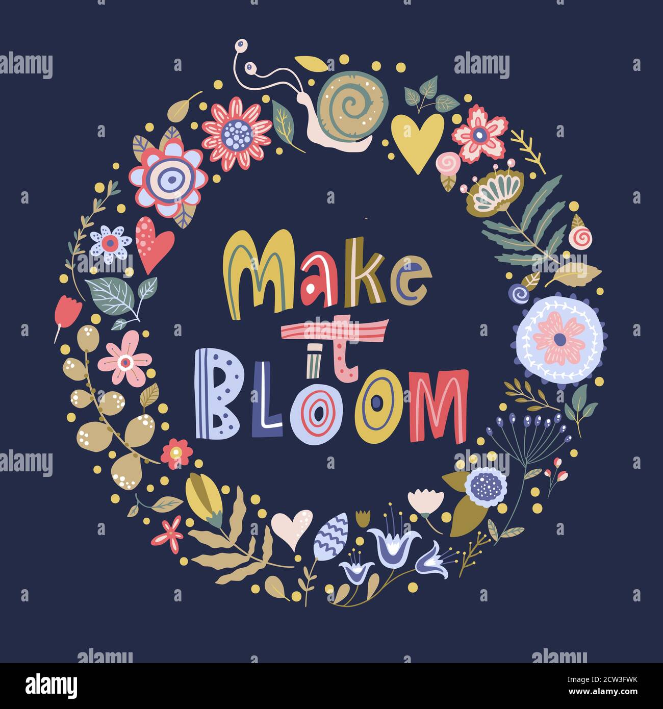 Floral color vector lettering card in a flat style. Ornate flower ...