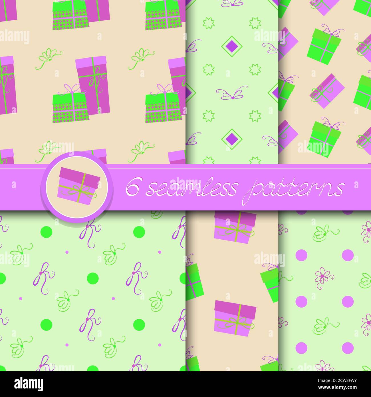 Vector set of six seamless patterns with gift boxes and bows, in violet ...