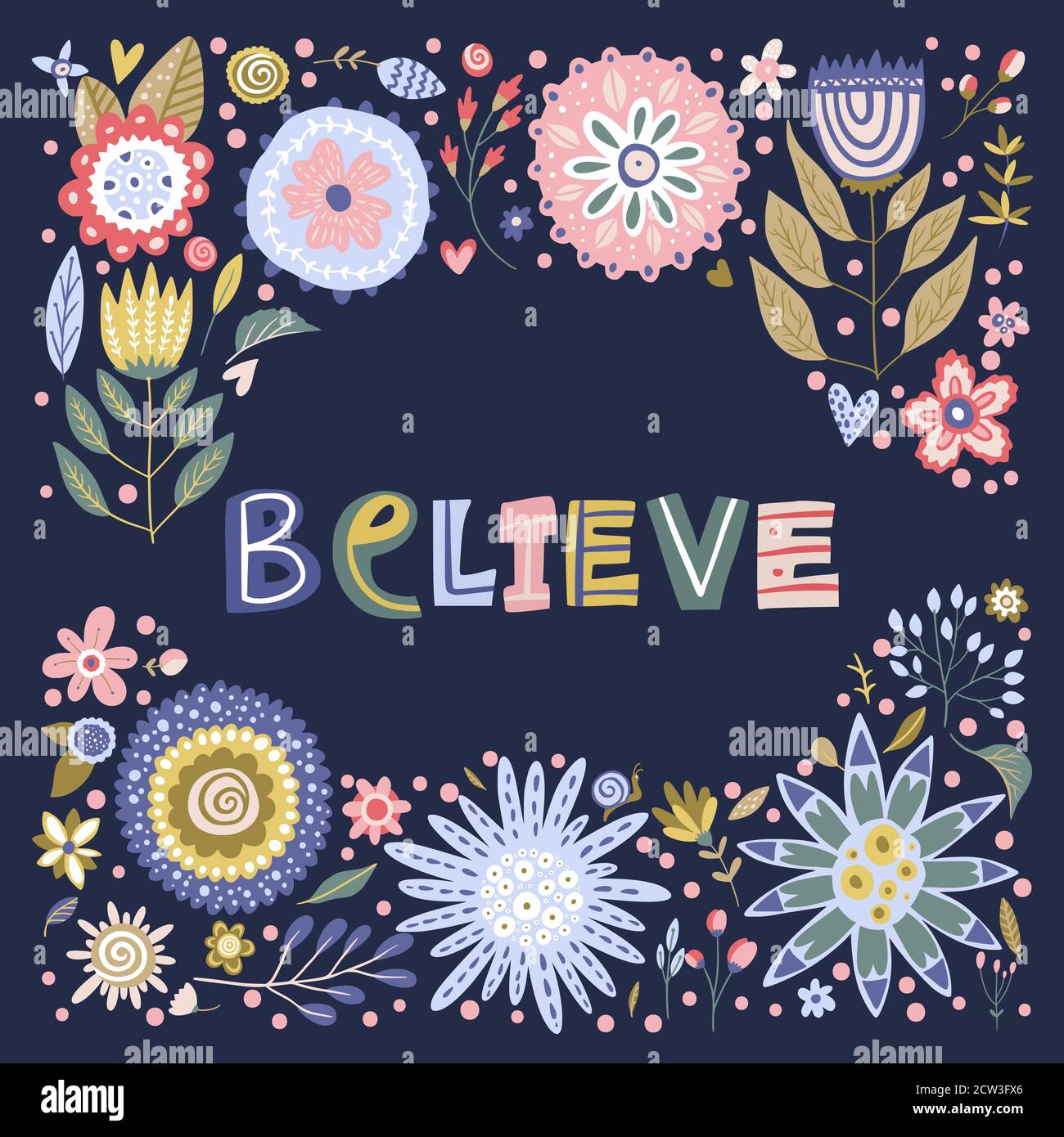 Floral color vector lettering card in a flat style. Ornate flower ...