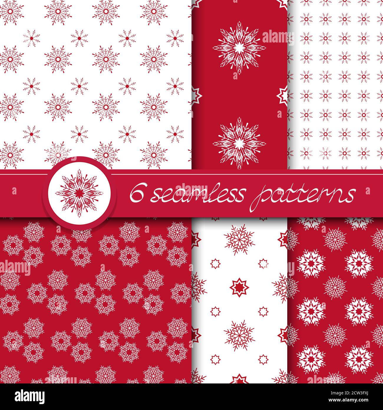 Vector set of six seamless Christmas pattern with snowflakes. In red ...