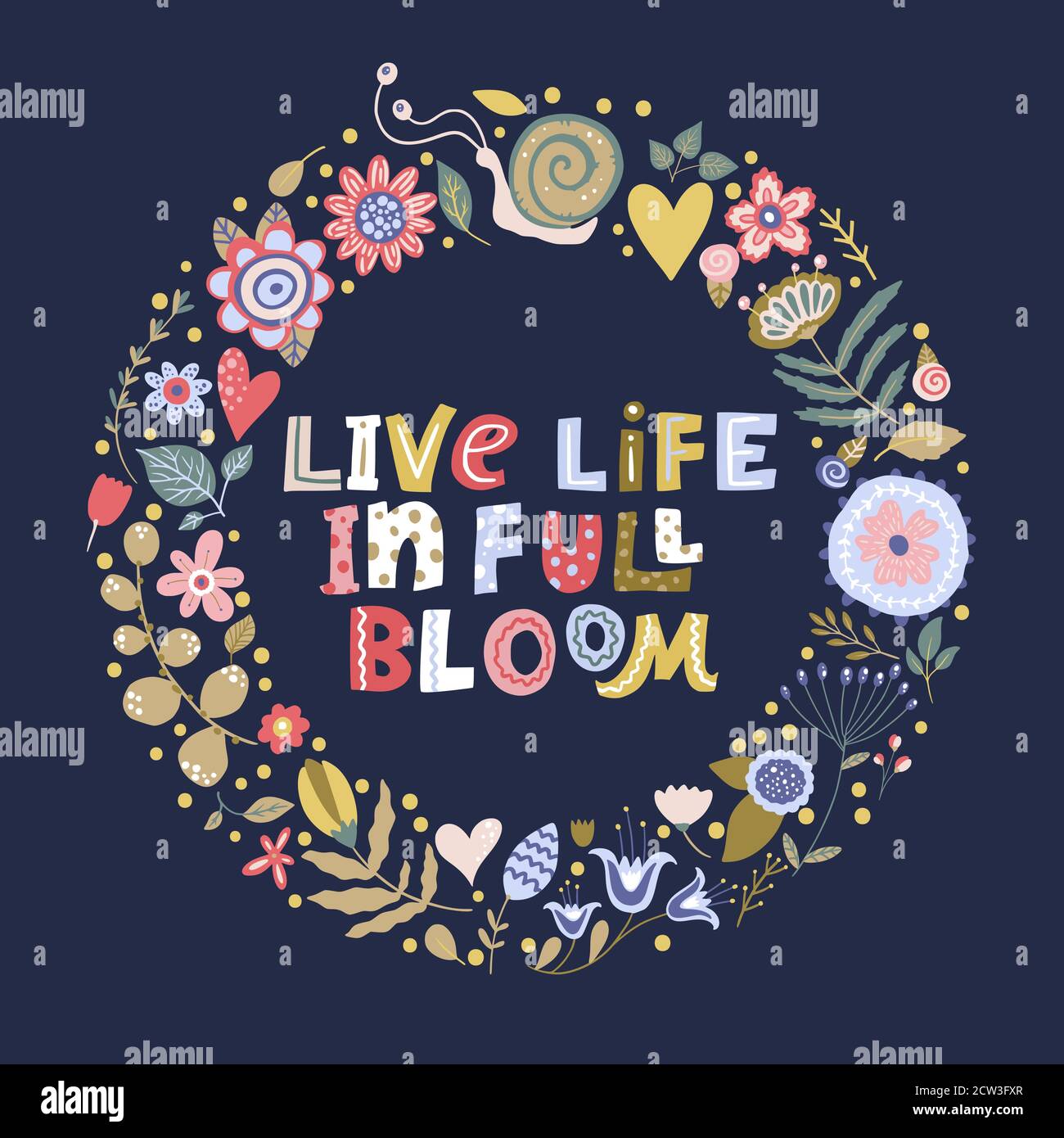 Floral color vector lettering card in a flat style. Ornate flower ...