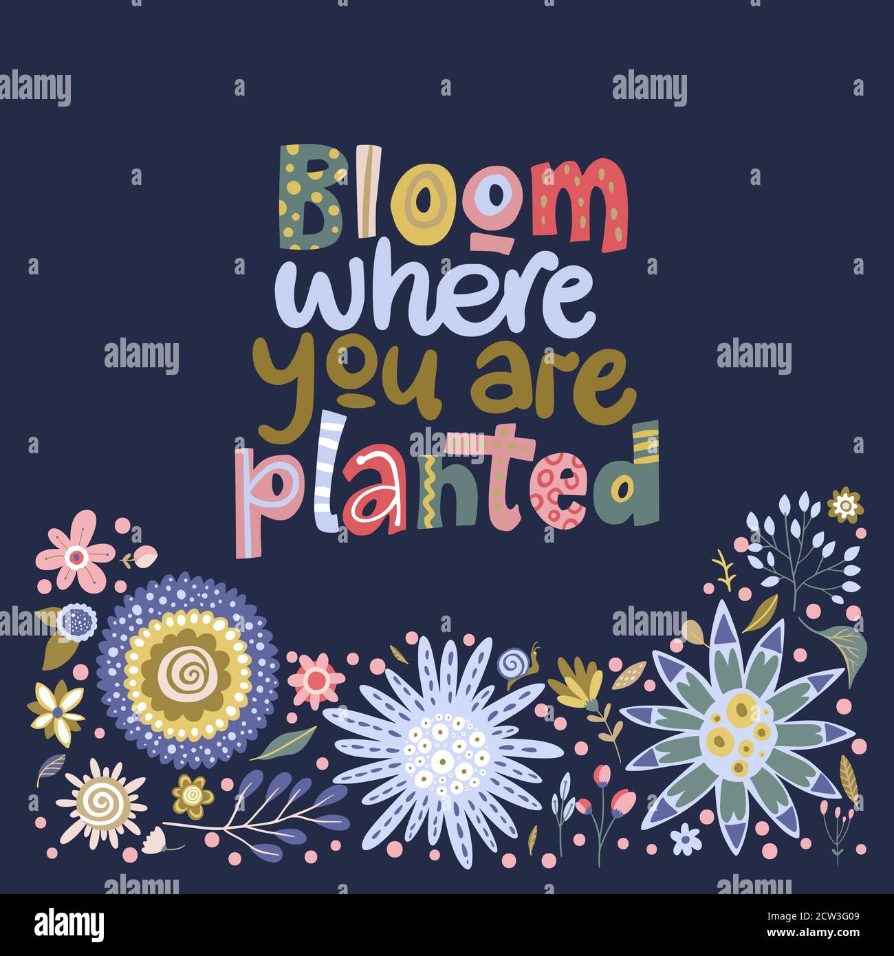 Floral color vector lettering card in a flat style. Ornate flower ...