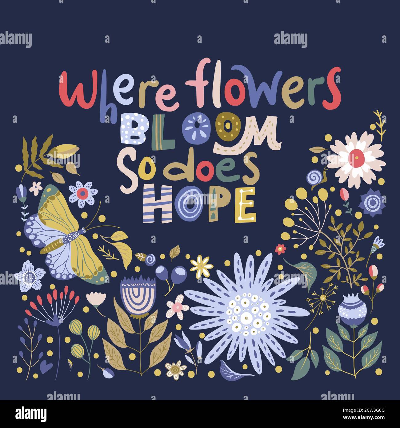 Floral color vector lettering card in a flat style. Ornate flower ...
