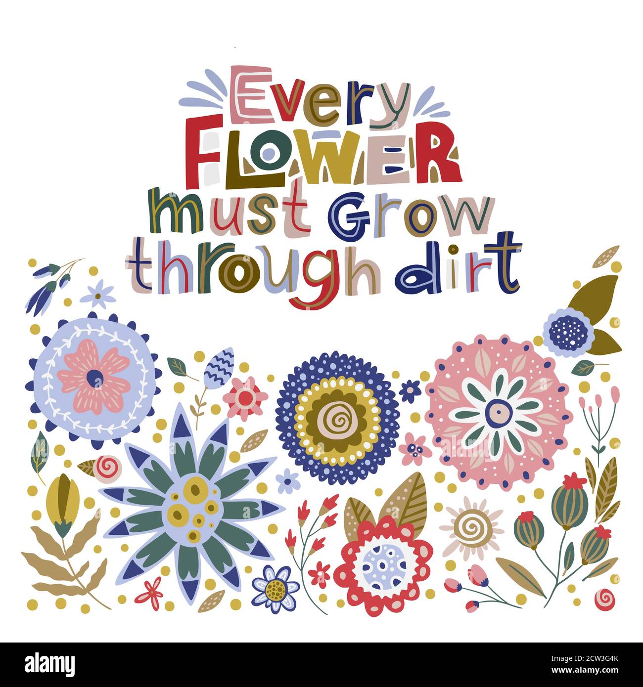 Floral color vector lettering card in a flat style. Ornate flower ...