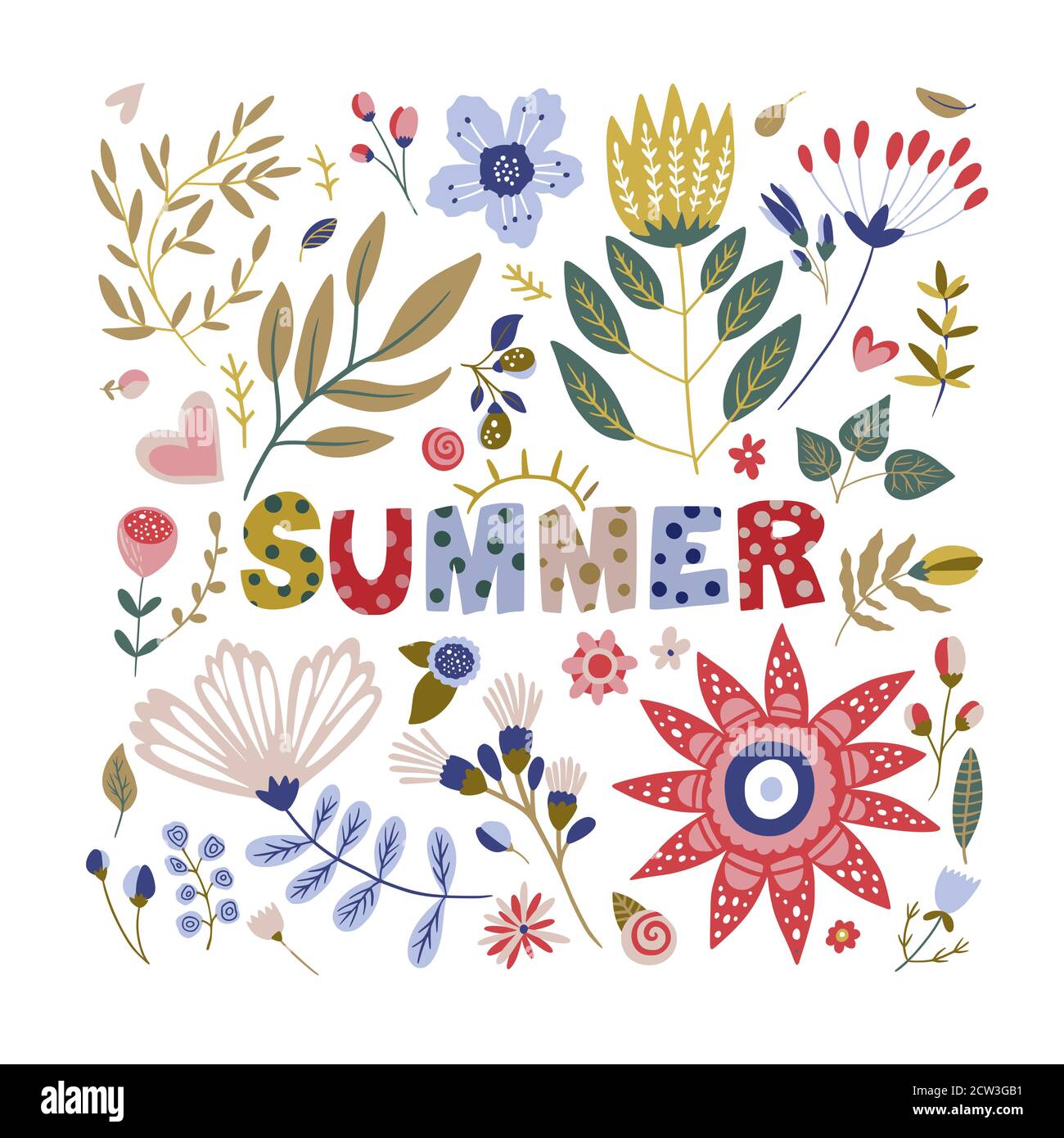 Floral color vector lettering card in a flat style. Ornate flower ...