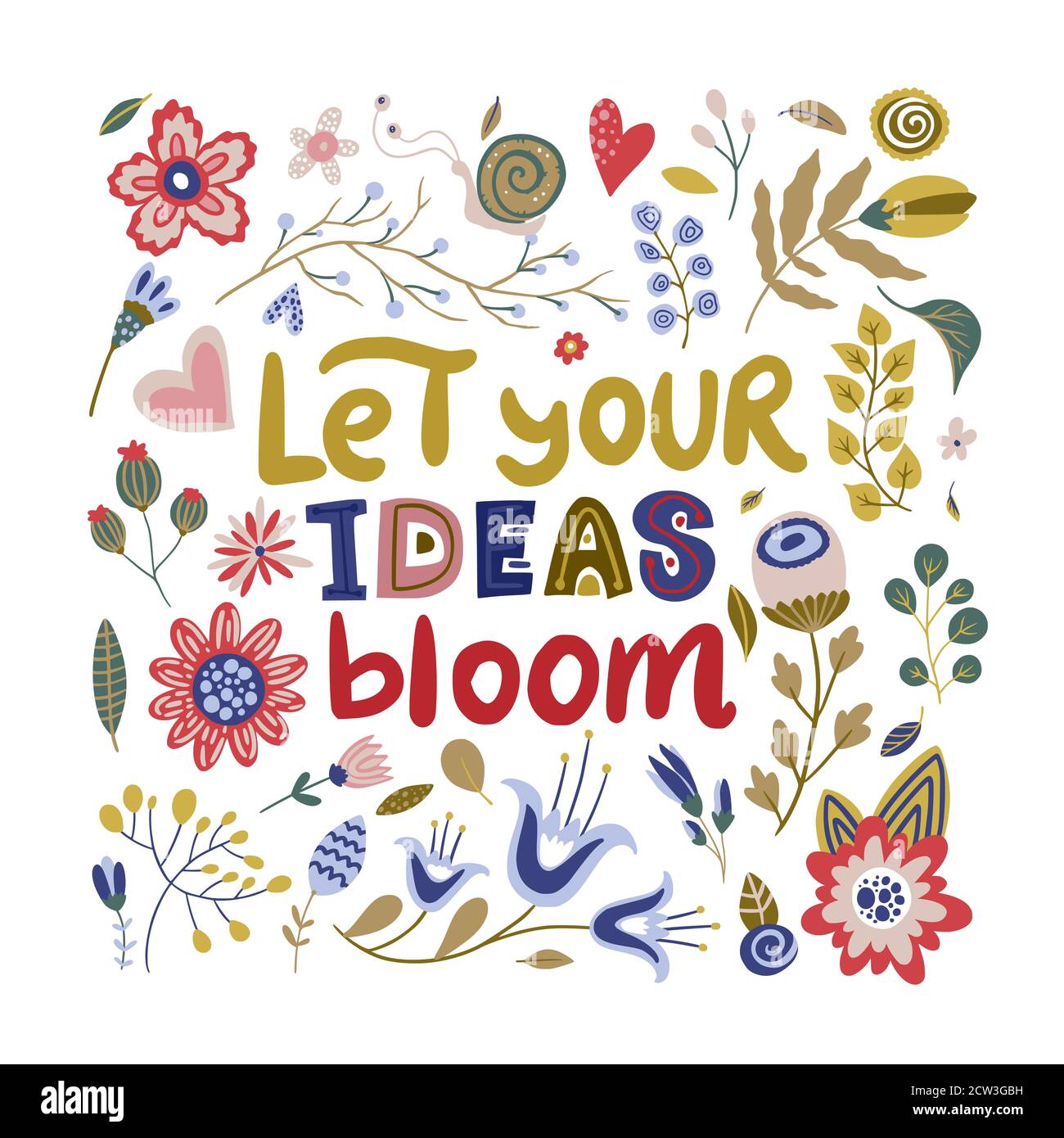 Floral color vector lettering card in a flat style. Ornate flower ...