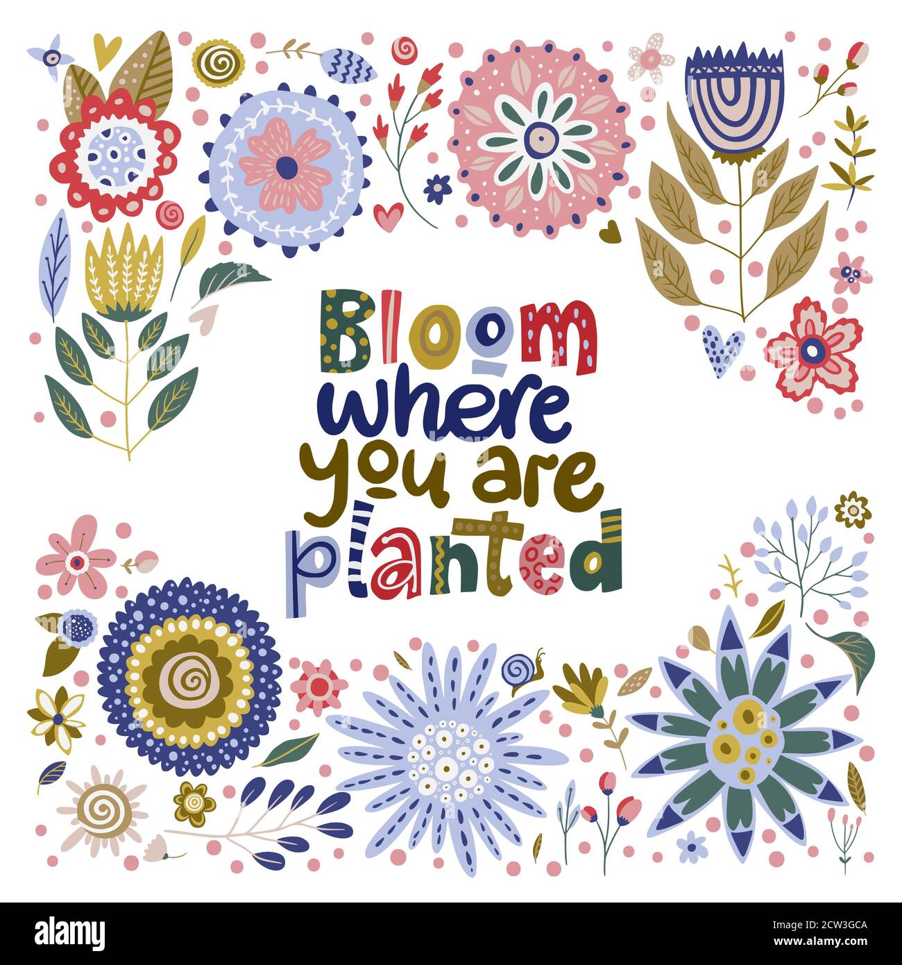 Floral color vector lettering card in a flat style. Ornate flower ...