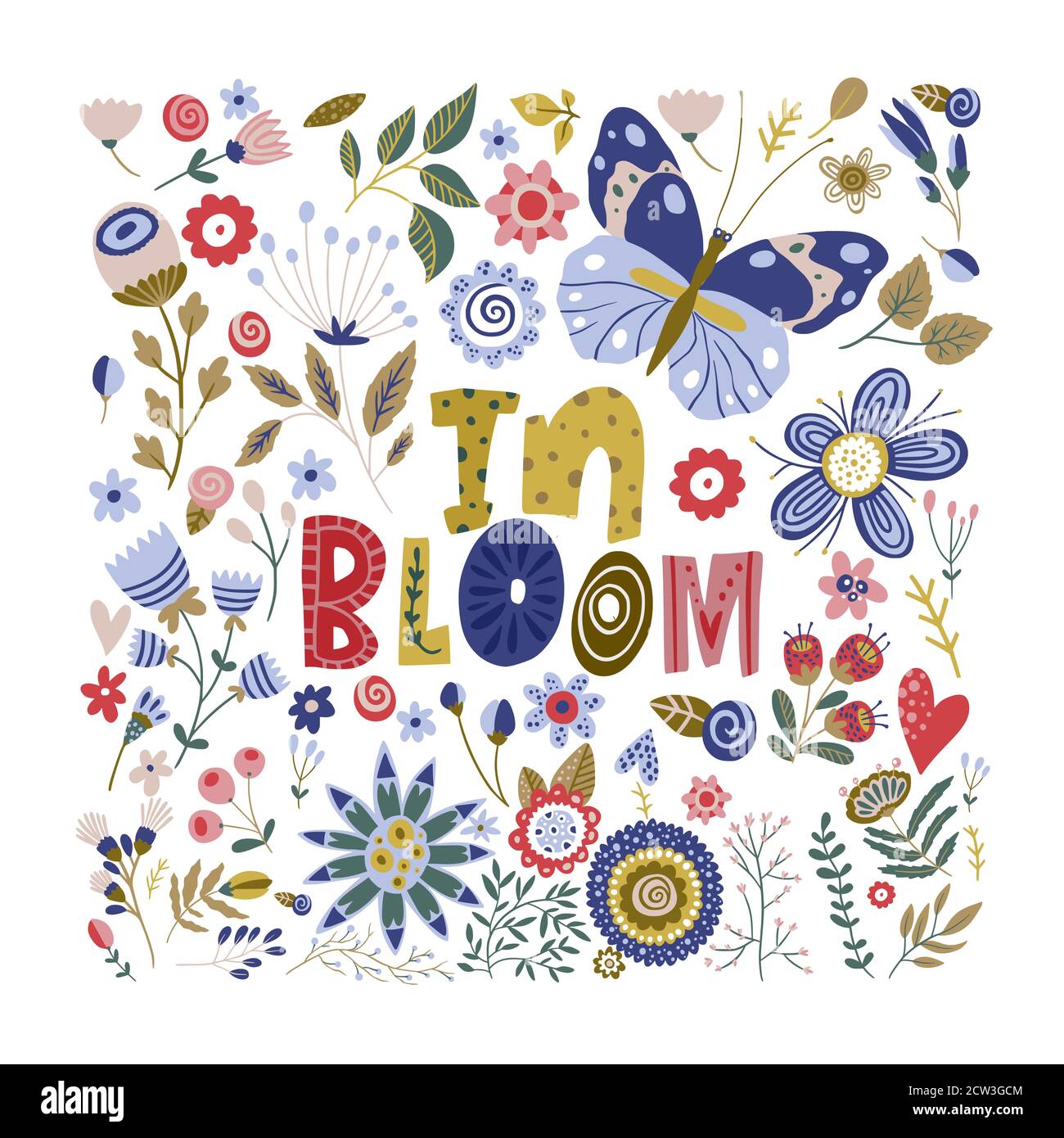 Floral color vector lettering card in a flat style. Ornate flower ...