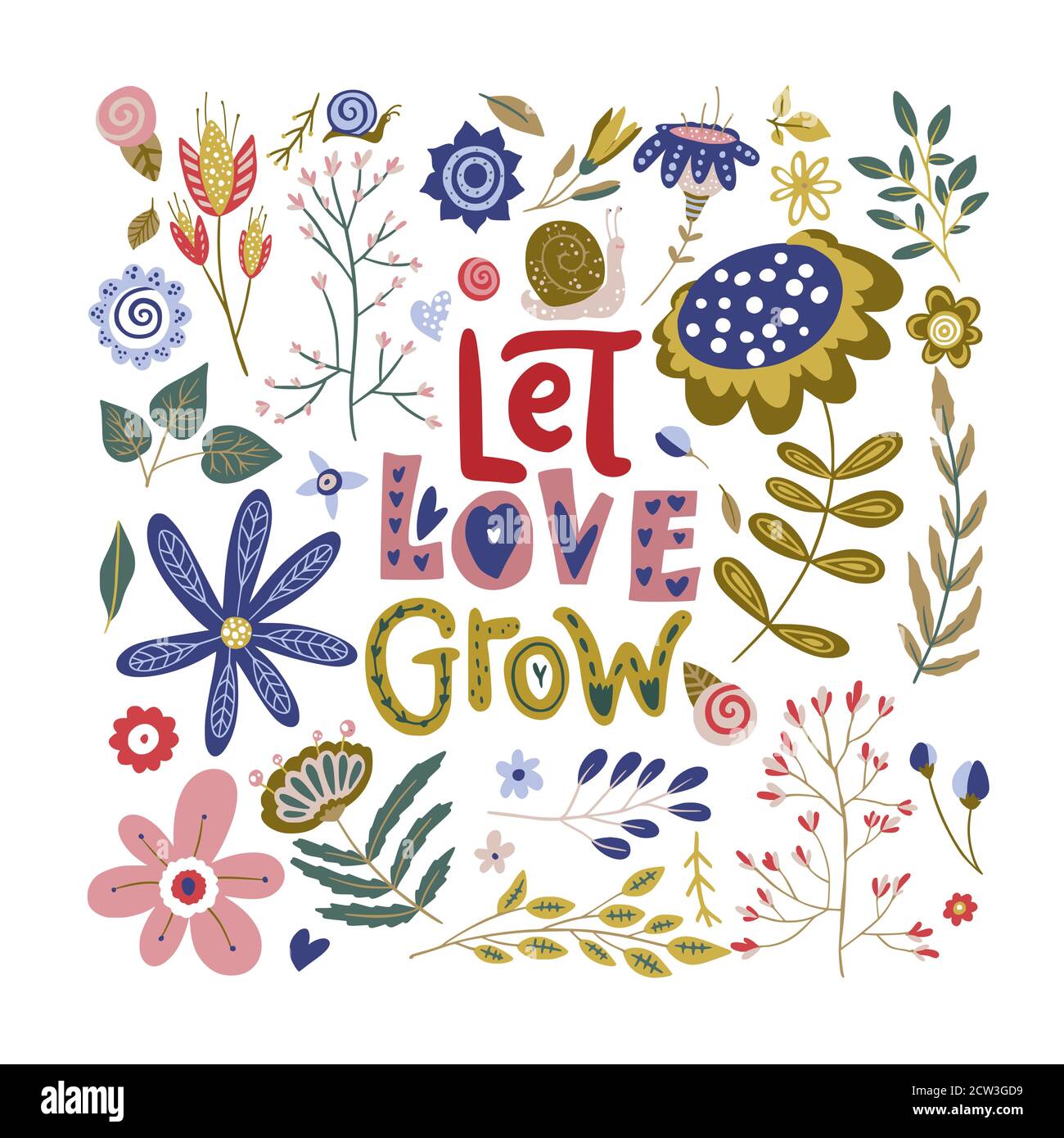 Floral color vector lettering card in a flat style. Ornate flower ...