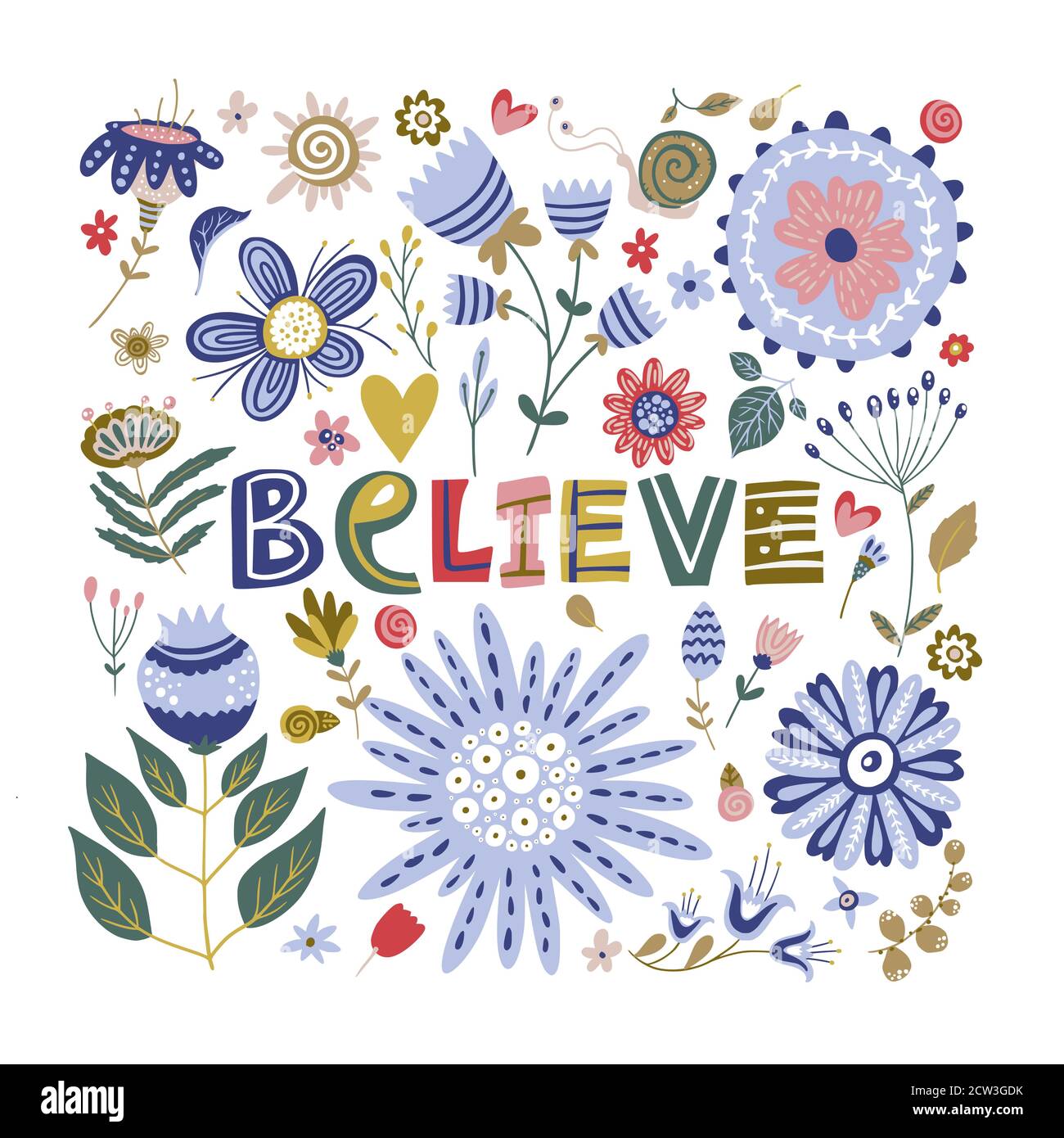 Floral color vector lettering card in a flat style. Ornate flower ...