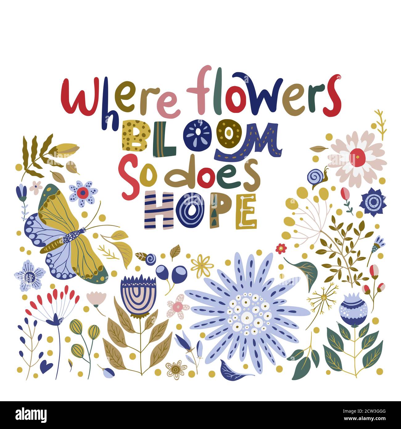 Floral color vector lettering card in a flat style. Ornate flower ...