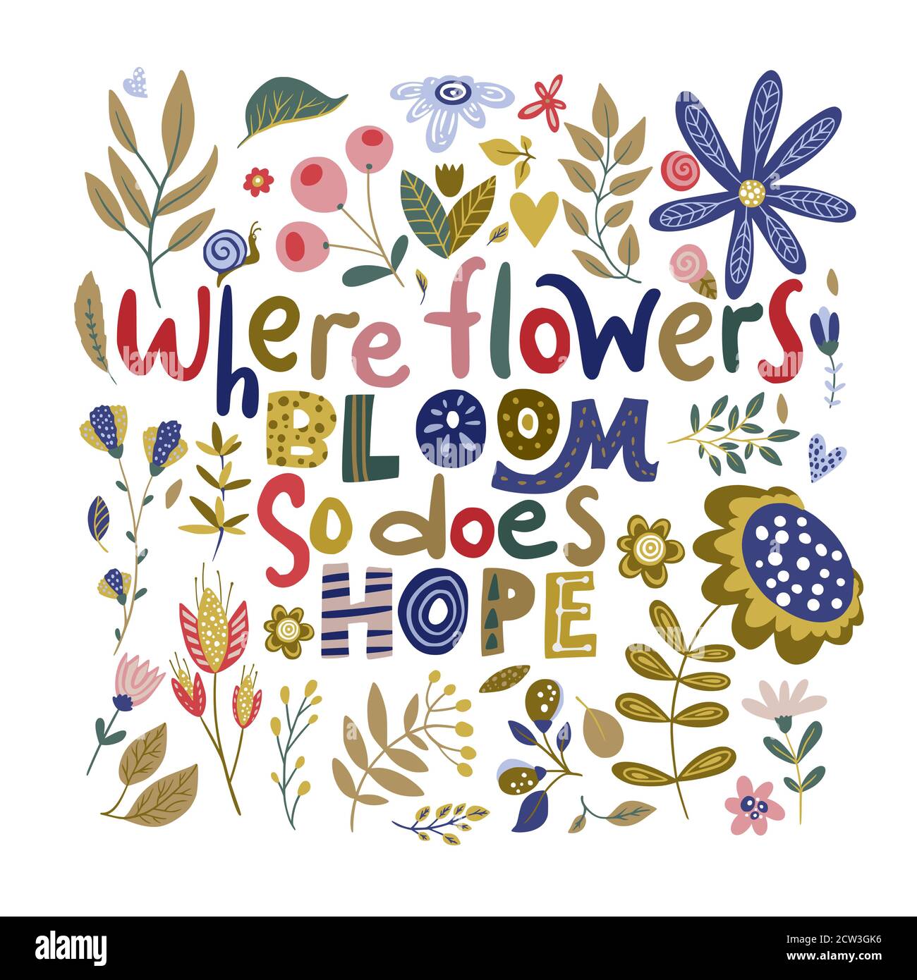 Floral color vector lettering card in a flat style. Ornate flower ...