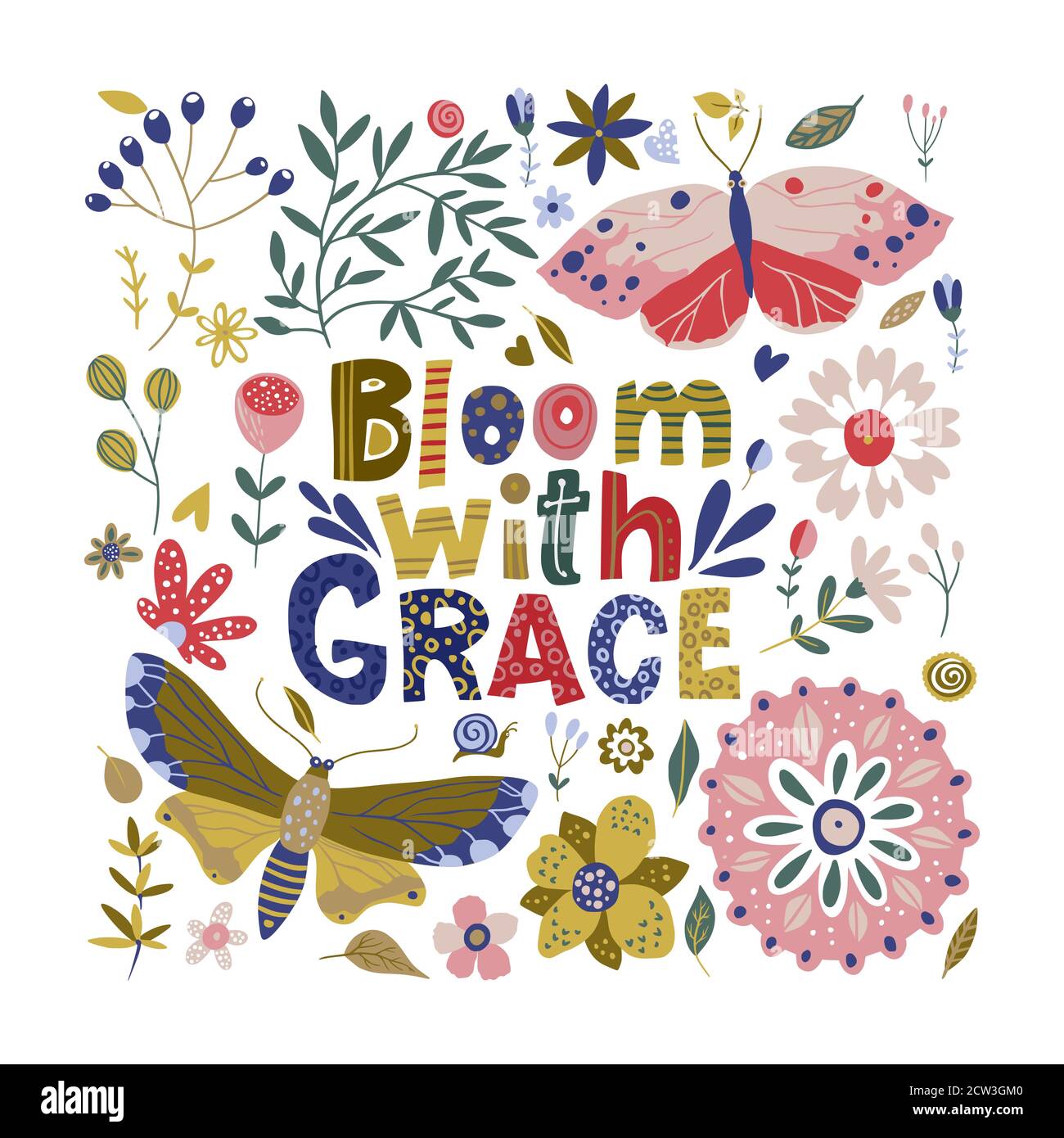 Floral color vector lettering card in a flat style. Ornate flower ...