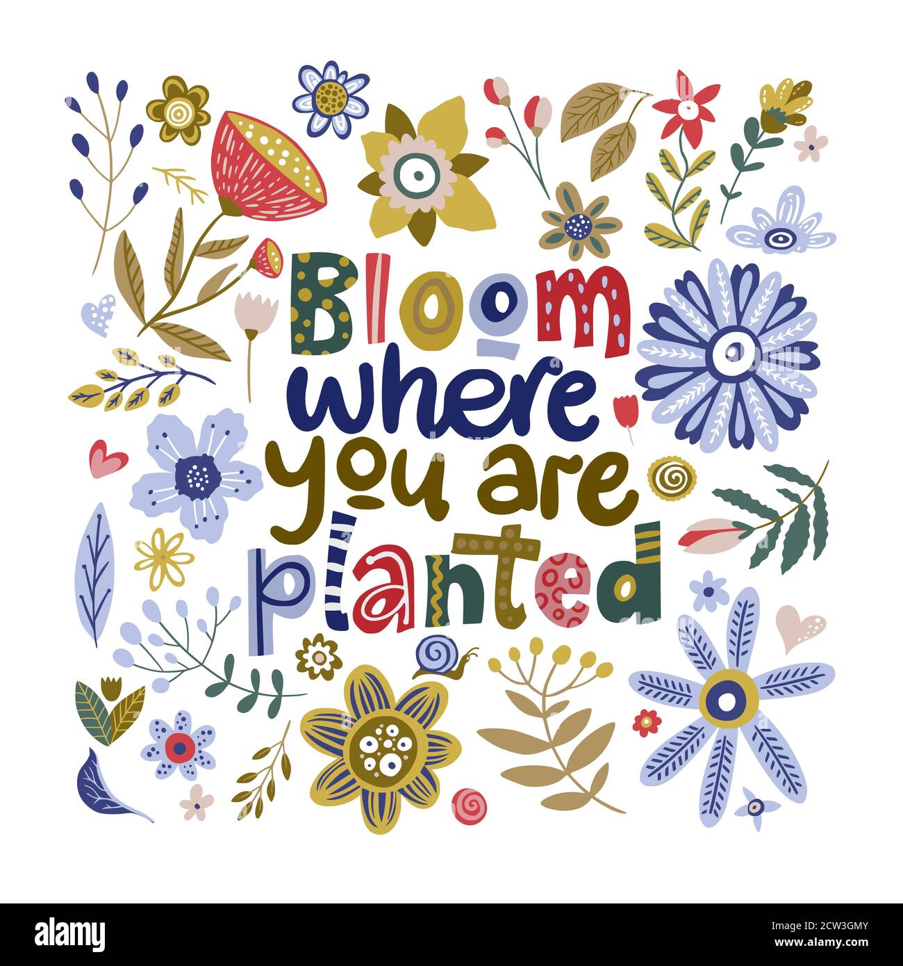 Floral color vector lettering card in a flat style. Ornate flower ...