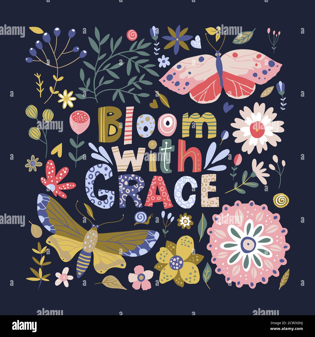 Floral color vector lettering card in a flat style. Ornate flower ...