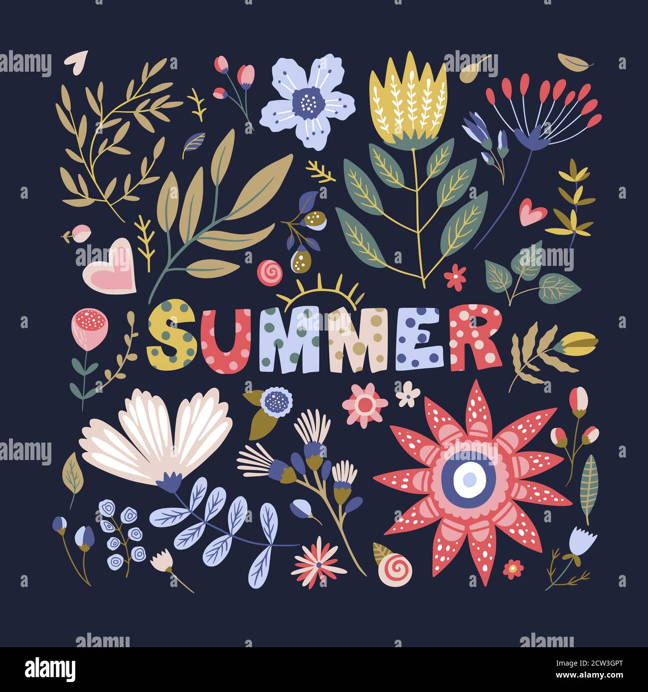 Floral color vector lettering card in a flat style. Ornate flower ...