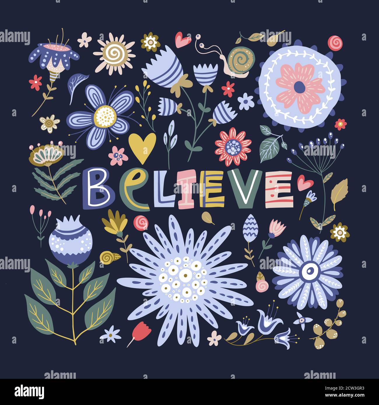 Floral color vector lettering card in a flat style. Ornate flower ...