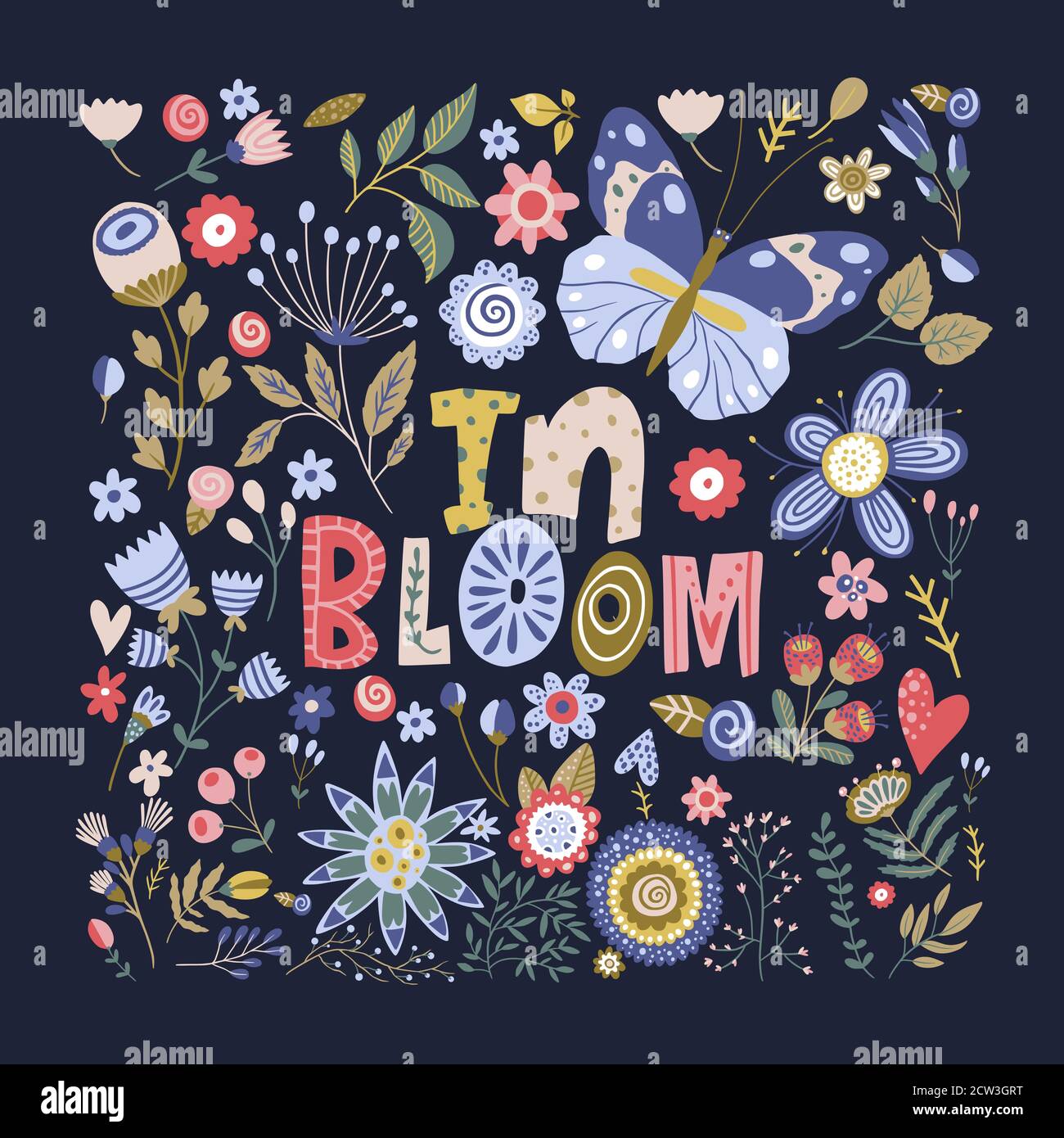 Floral color vector lettering card in a flat style. Ornate flower ...
